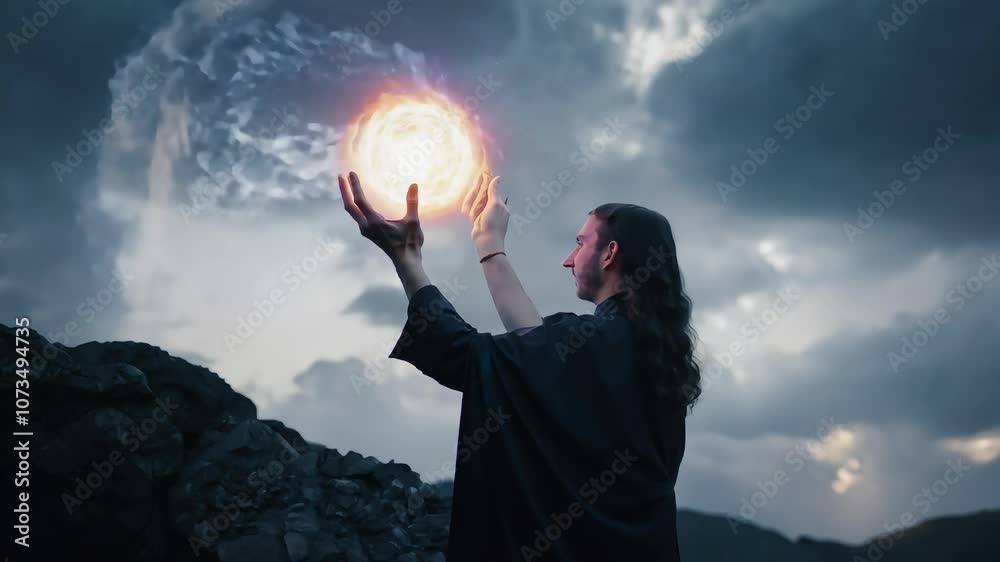 A sorcerer summoning elemental forces with dramatic visual effects ...
