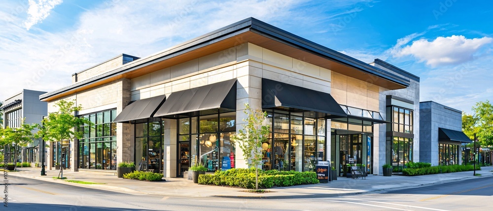 A modern retail building showcasing stylish design and large windows ...