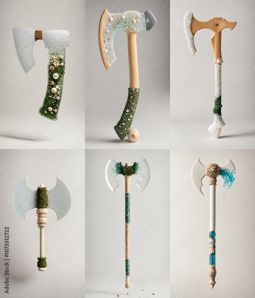 Six unique axe handles, each with a unique design and color, are ...