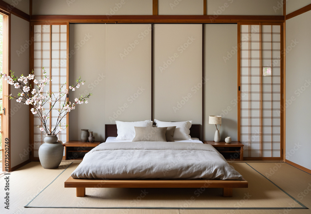 A serene Japanese bedroom with tatami flooring, a low futon bed with a ...