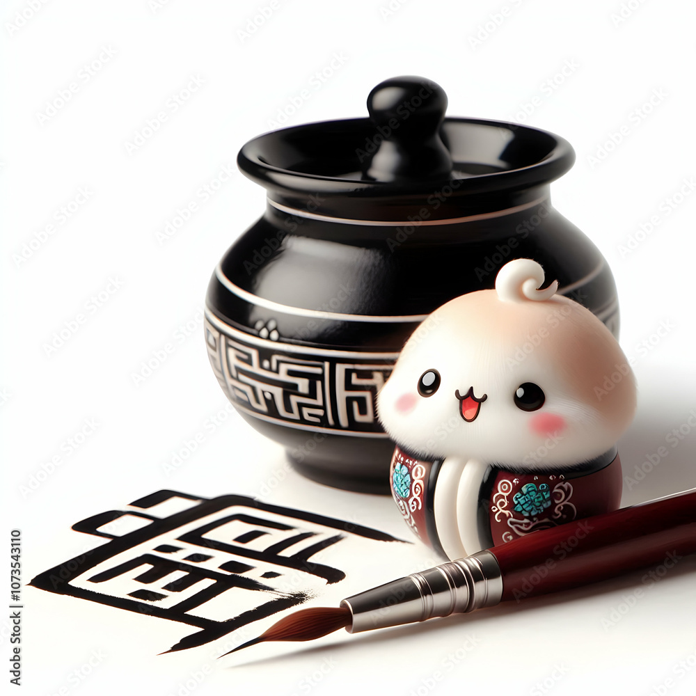 Chinese Calligraphy Brush with Ink Pot Isolated concept as Capture a ...