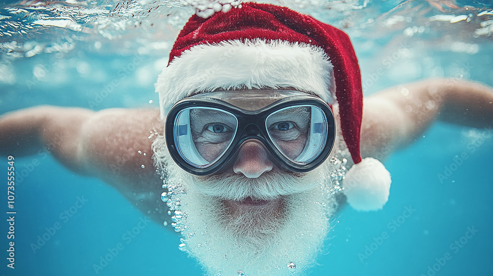 Santa Claus underwater, wearing goggles and a Santa hat, creating a ...