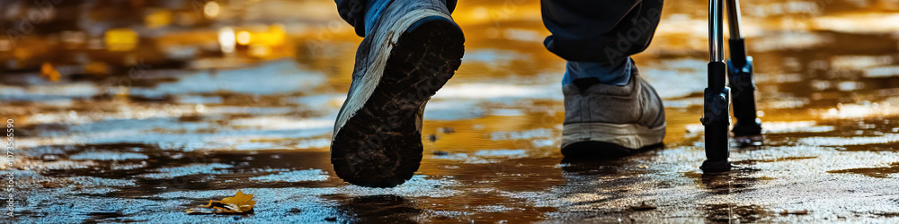 A patient struggling to walk with the help of a walker or crutches ...
