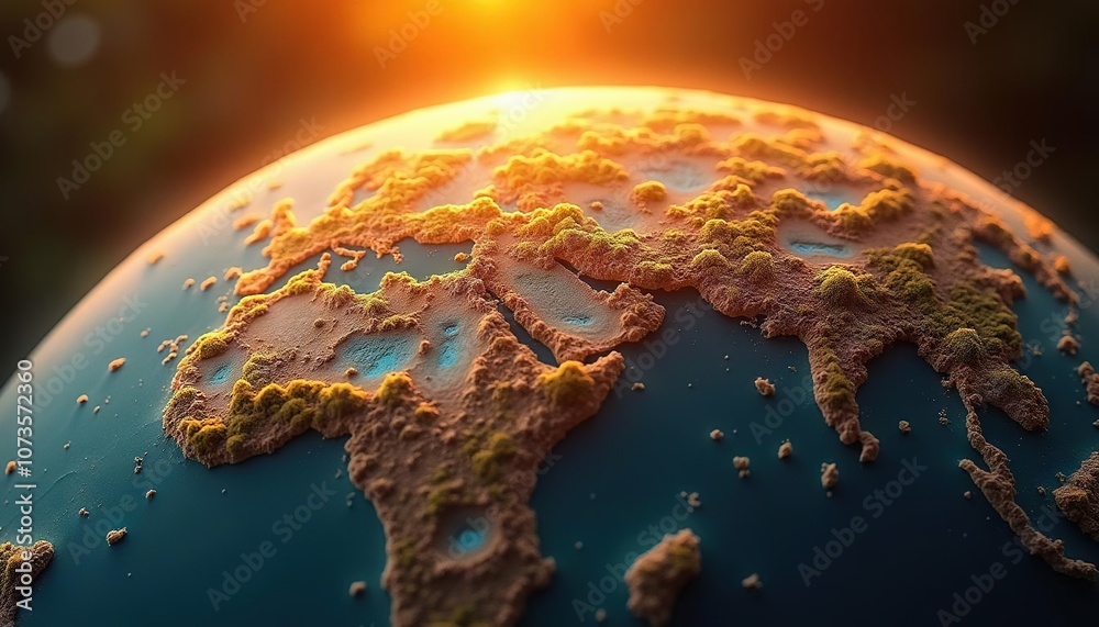 Stylized 3D map of Earth with continents shown in vibrant colors ...