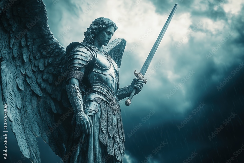 A vision of Saint Michael the Archangel, clad in shining armor and ...