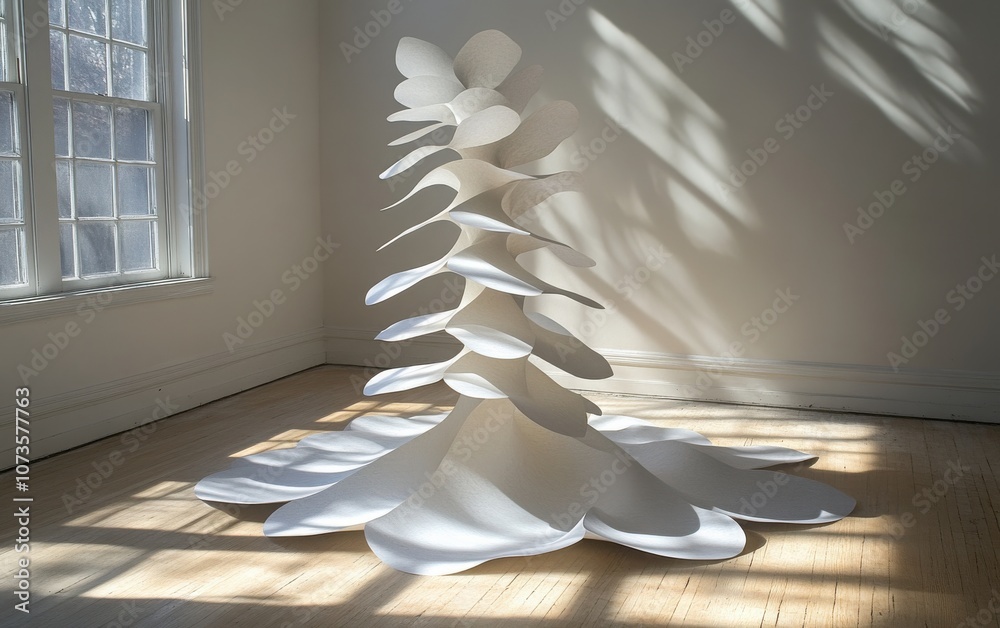 Spiral-shaped sculpture made of white paper standing on the floor ...