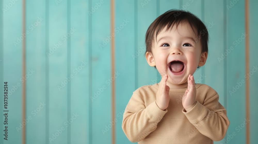 A delighted baby expressing joy while clapping hands, framed ...