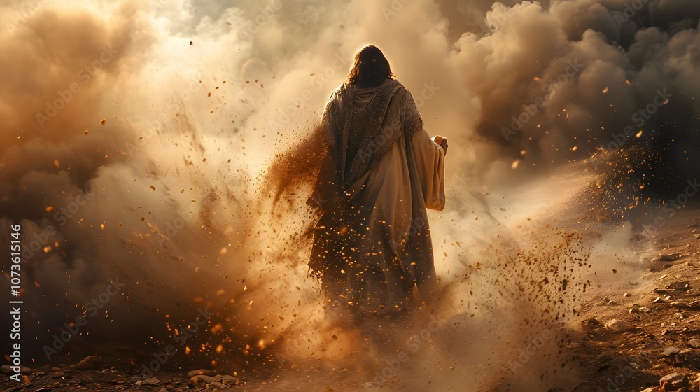 Jesus, his robe covered in dust, turning his back to Satan holding ...