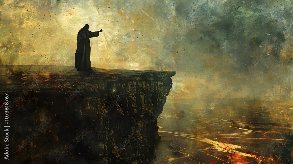 Jesus, silhouetted against the sky, standing at the edge of a high ...