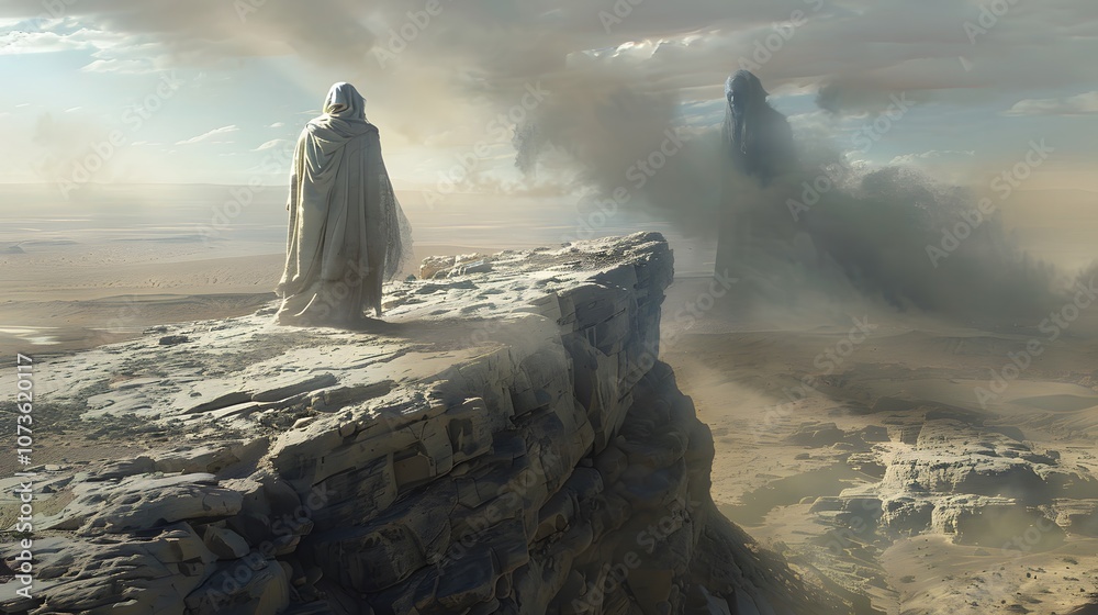 Jesus standing firm on a rocky desert cliff, with Satan's shadow ...