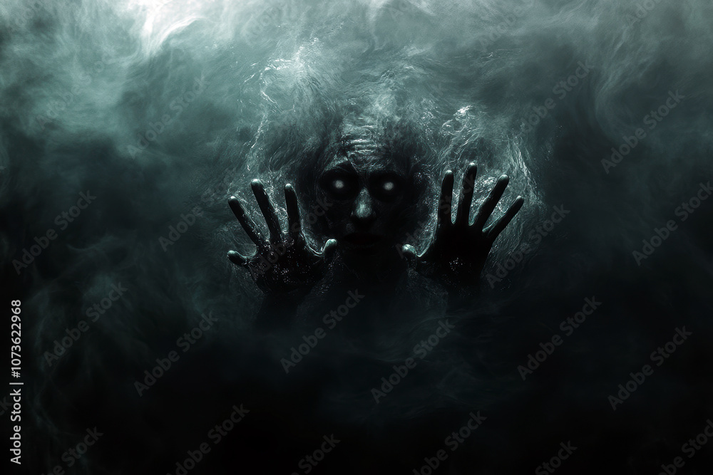 A haunting figure emerges from an ethereal mist, its ghostly hands ...