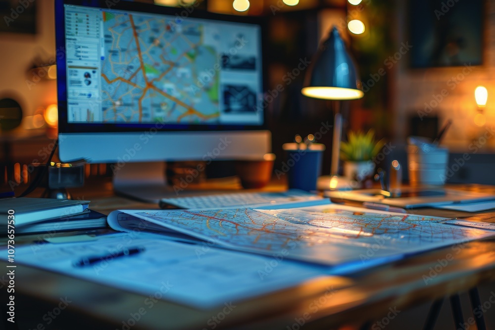 Foto de Cozy Evening Workspace with Computer Displaying Digital Maps ...