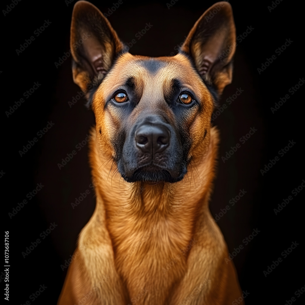 A majestic portrait of a malinois dog captured against a dark backdrop ...
