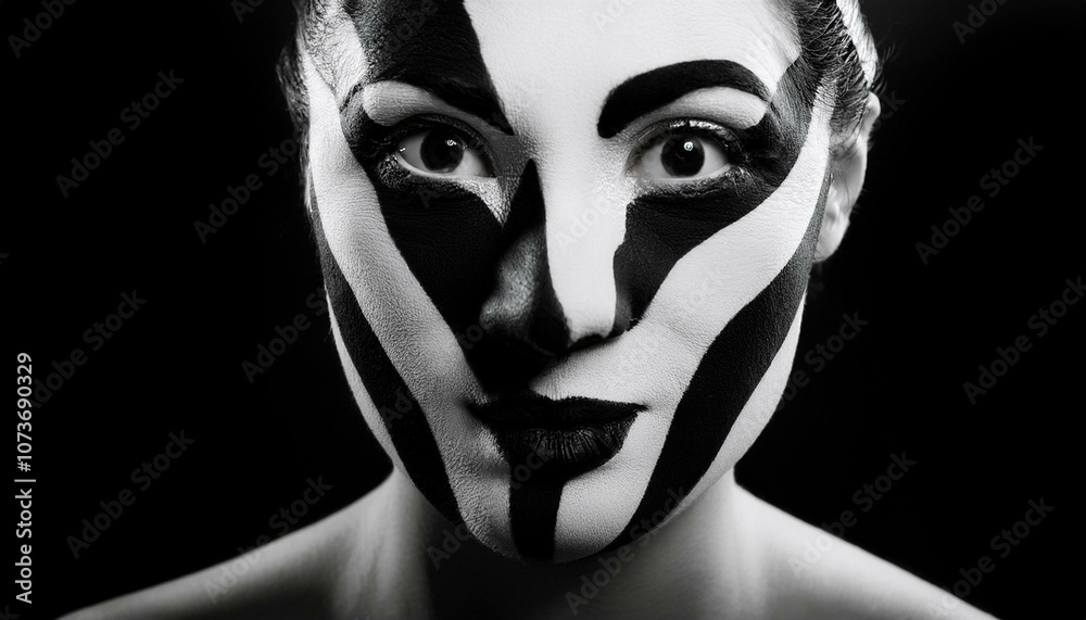 A portrait of a lady with a black and white painted stripes on the face ...