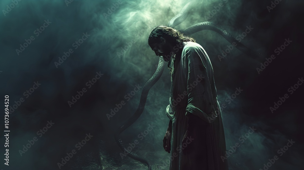 A steadfast Jesus standing upright, exhaustion visible on his face ...