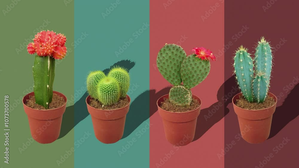 A visually striking arrangement of four different cacti, each placed in ...
