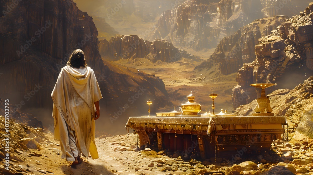 Jesus walking away, his back turned to a table overflowing with gold ...