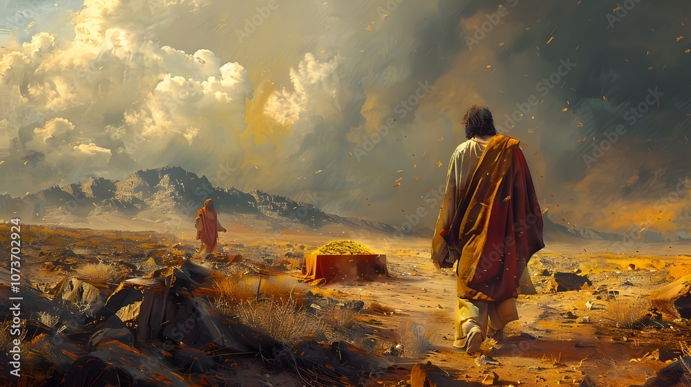 Jesus walking away with his back to a table laden with gold and ...