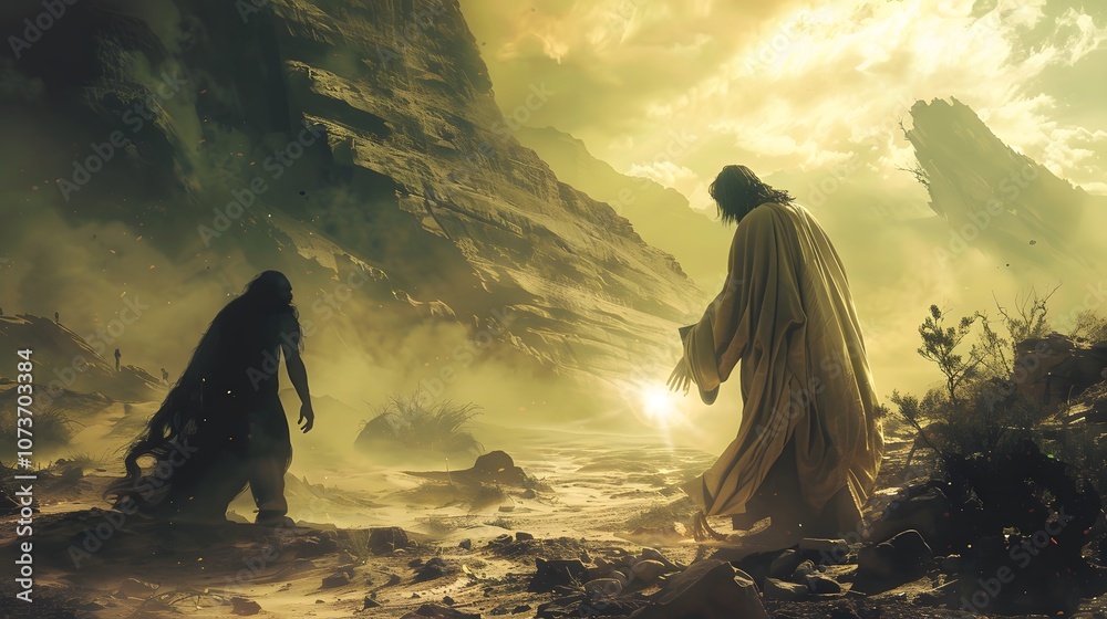 Jesus, with the Bible open in his hand, pointing to a glowing passage ...