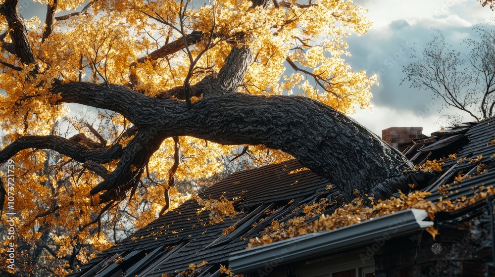 Fallen trees on a roof symbolize disaster recovery and emergency ...