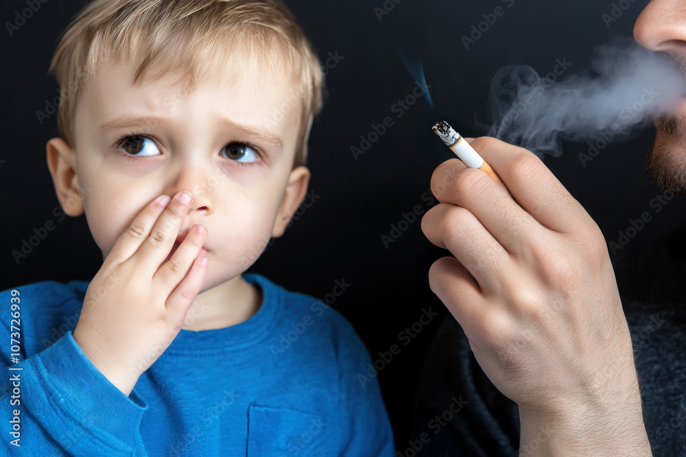 Father smoking near his kid. Unhappy child covers his nose from bad ...