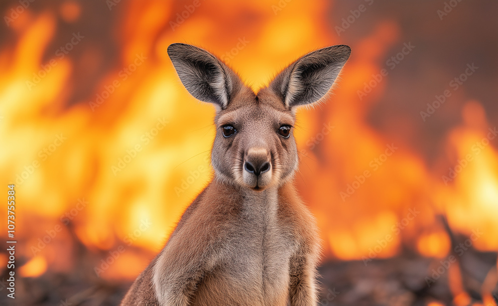 Kangaroo Standing in Front of Forest Fire: Kangaroo in close-up with a ...