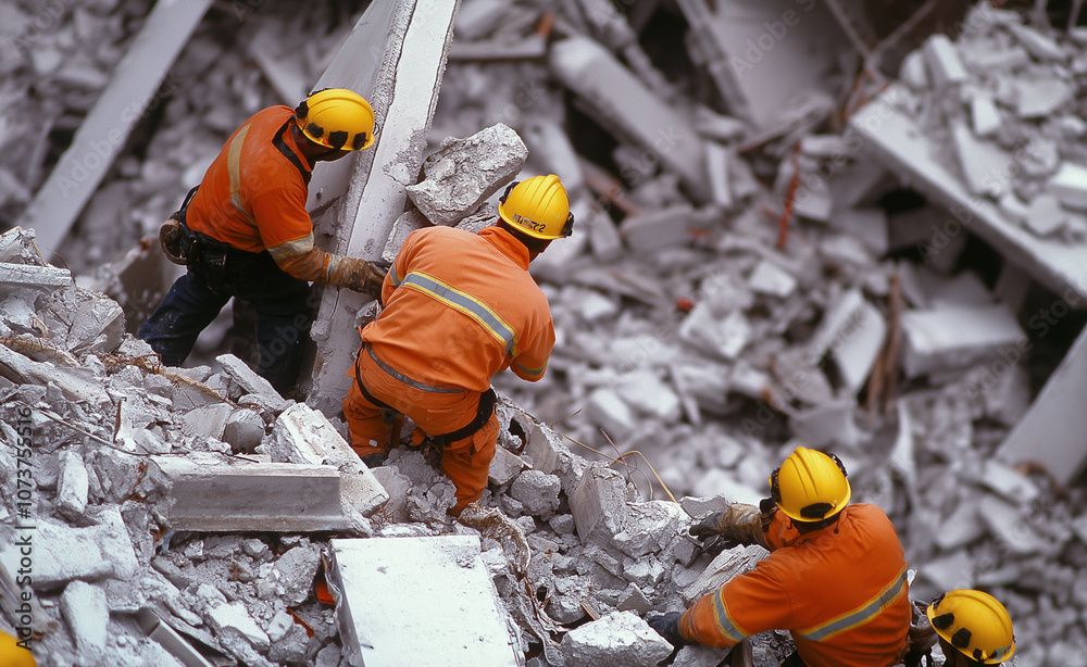 Rescue Workers Clearing Earthquake Rubble: Team of rescue workers in ...