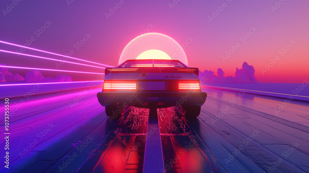 Car ride on the neon road in 80s retro synthwave style Stock Photo ...