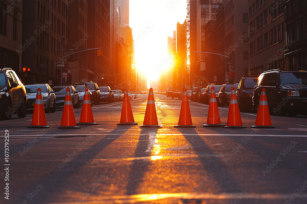 Traffic cones lined up on a city street at sunset background ...