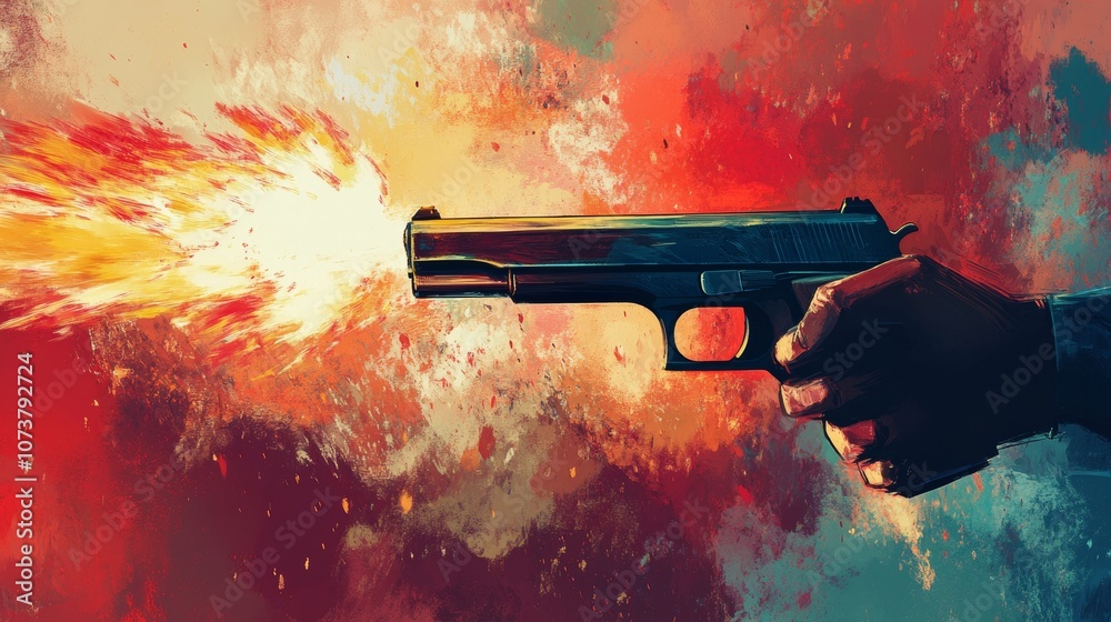 Digital poster featuring a gun firing, symbolizing violence and crime ...