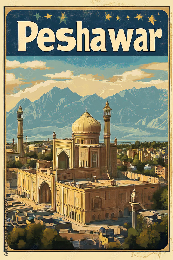 Peshawar, Pakistan, retro french vintage art nouveau travel poster art ...