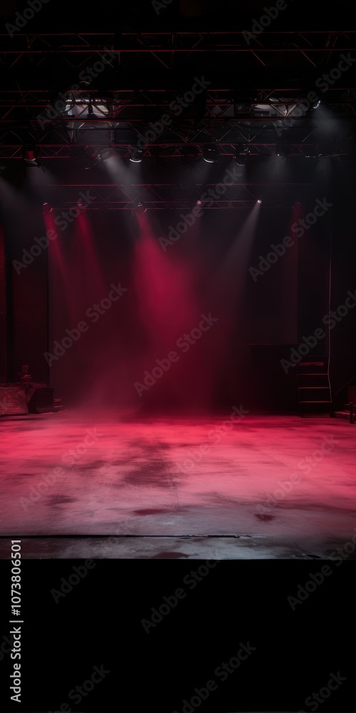 Dark empty stage with spotlight. Smoke drifts across the stage ...