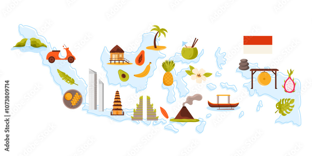 Indonesian culture elements, landmarks and food on Indonesia ...