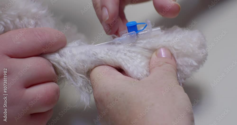 Inserting a catheter into a vein in a dog's front leg. Close-up of a ...