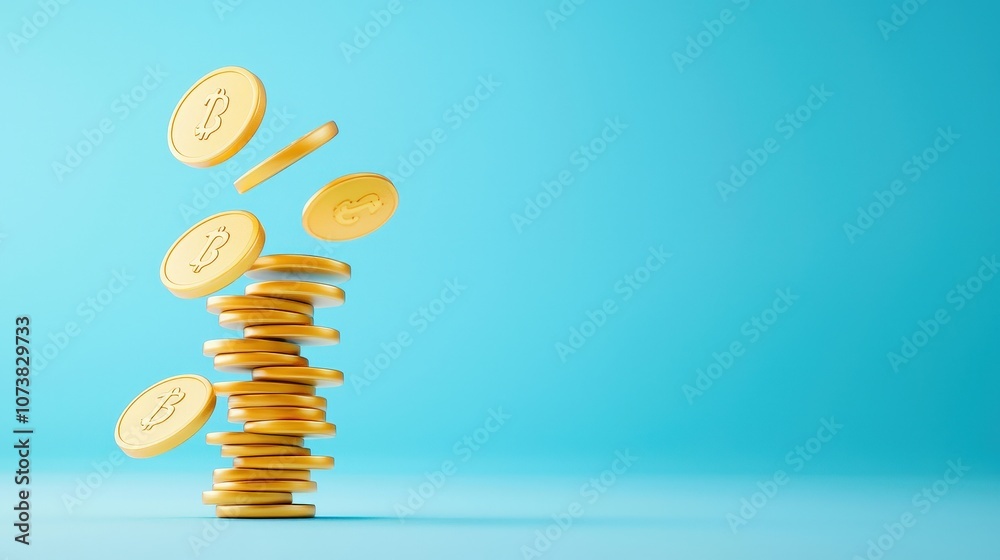 Stacks of vibrant gold coins toppling over against a modern blue ...