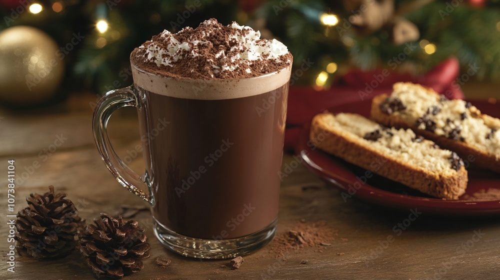 Rich dark chocolate mocha with a dusting of cocoa, served with biscotti ...