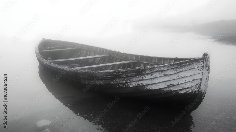 A Reflective Scene of an Abandoned Boat on a Foggy Lake Representing ...