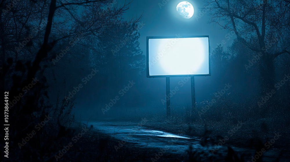 Dark scary road, dark trees, full moon, light in the end of the road ...