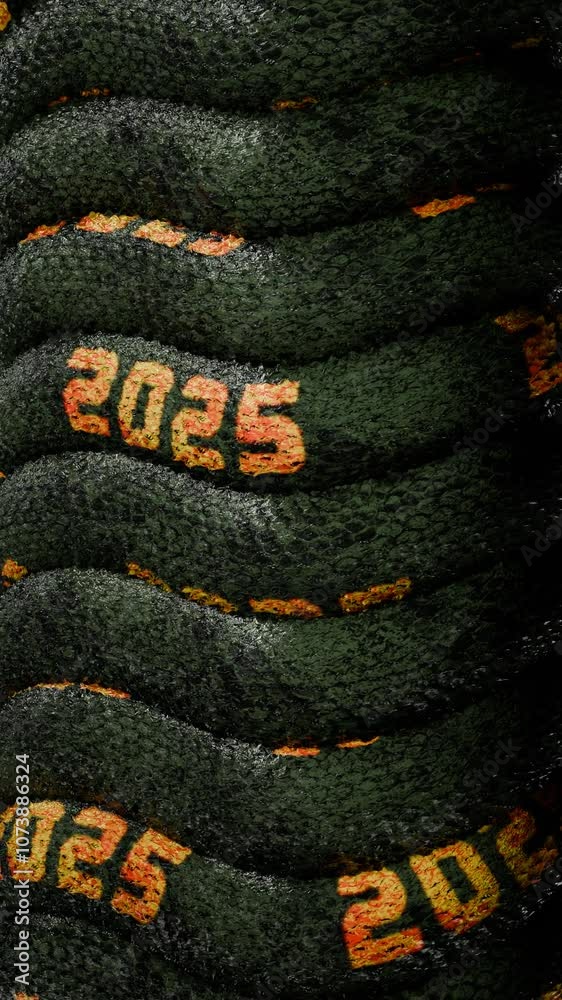 Vertical 3d animation of a long snake with New Year's dates 2025. The ...