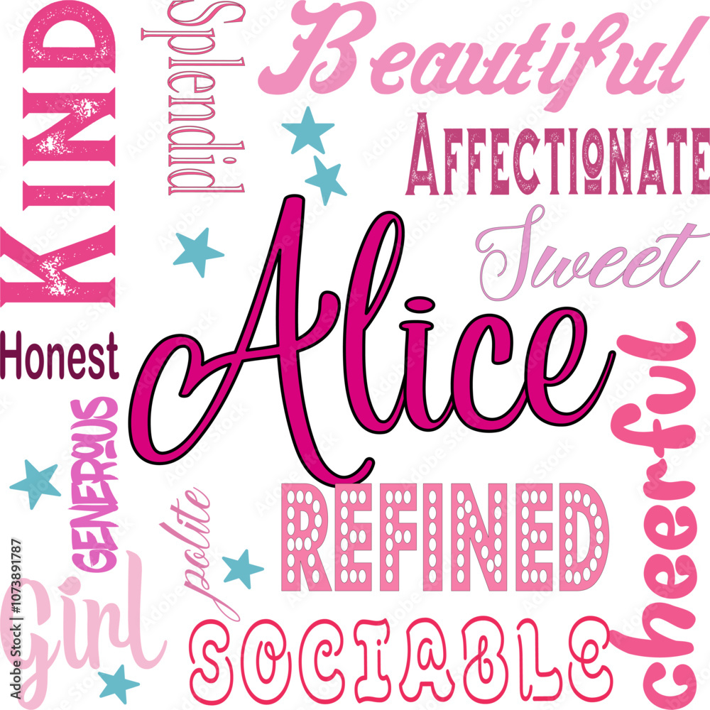 Alice - written proper name surrounded by adjectives. modern vector ...