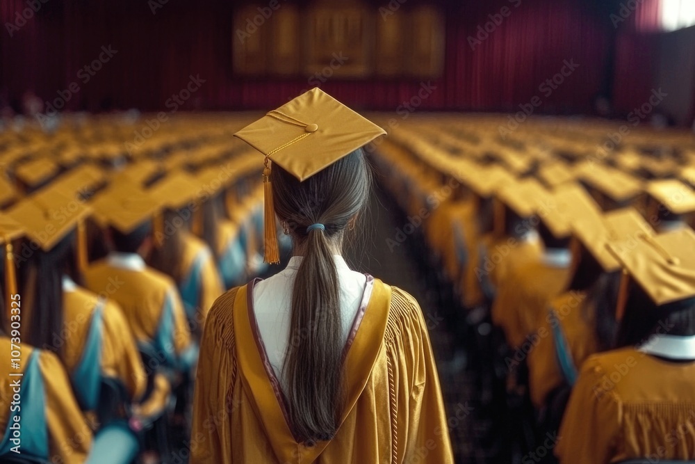 Graduation ceremony: student in golden gown with cap and tassel amid ...