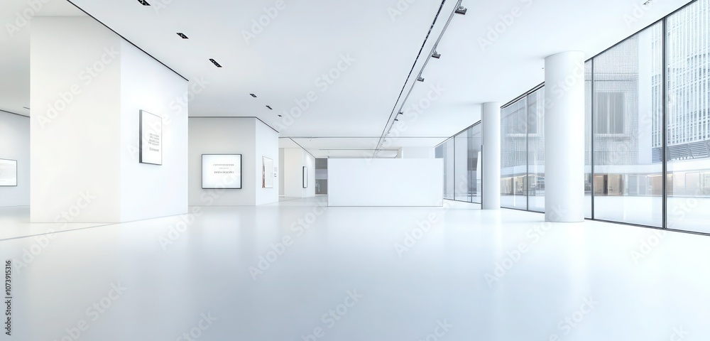 An ultra-modern exhibition space, clean white walls, large floor-to ...