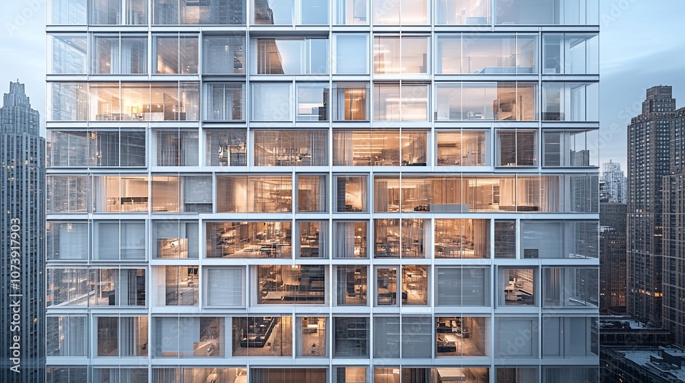 A modern glass skyscraper with numerous windows and a grid-like pattern ...