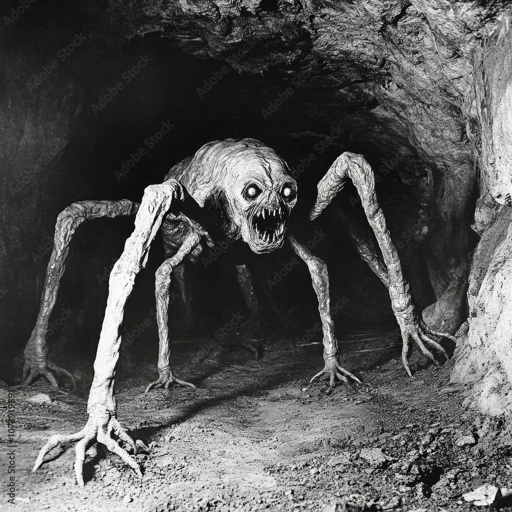 A grotesque, skeletal creature with long spindly legs and claws emerges ...