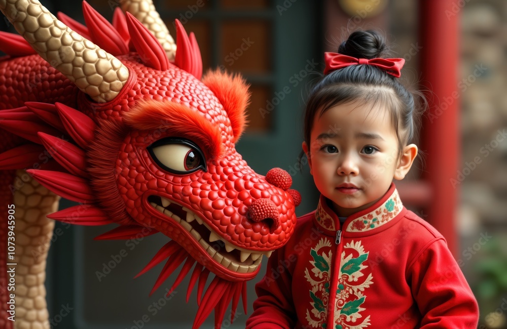 Young Chinese girl in red traditional dress standing next to big red dragon. Dragon symbol of ...