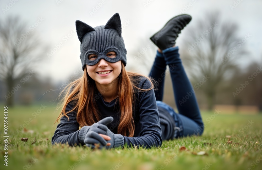Smiling teenage girl dressed in cat mask, gloves lies on grass. Wears ...