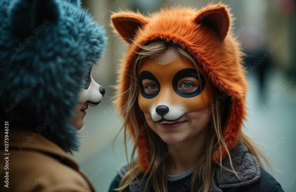 Teen girl in fox mask looks at another teen wearing fluffy animal ...