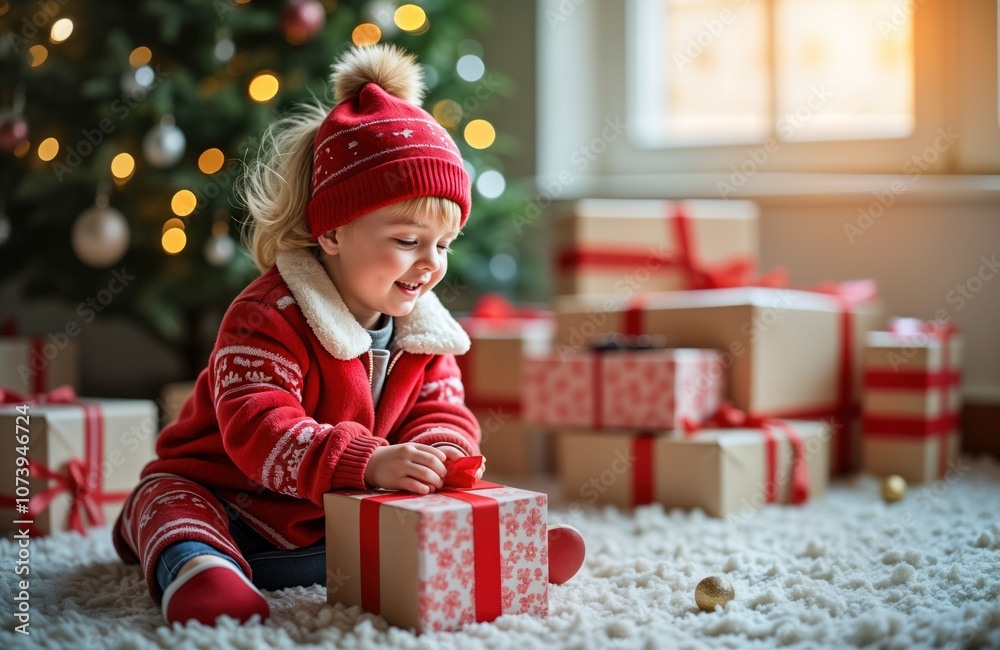 Little kid in red knitted winter hat and jacket opens Christmas gift ...