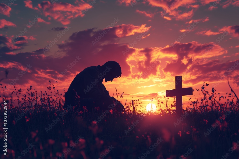 Military man kneeling of grave fallen soldier, sunset. Concept veteran ...