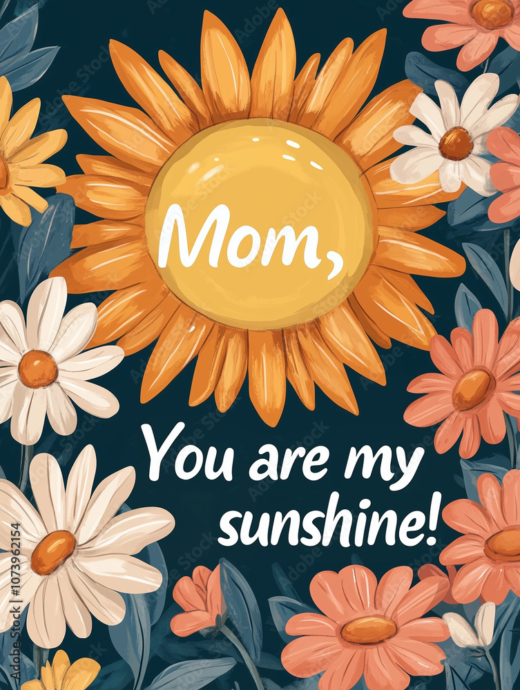 mom you are my sunshine quote, printable card or poster with a floral ...